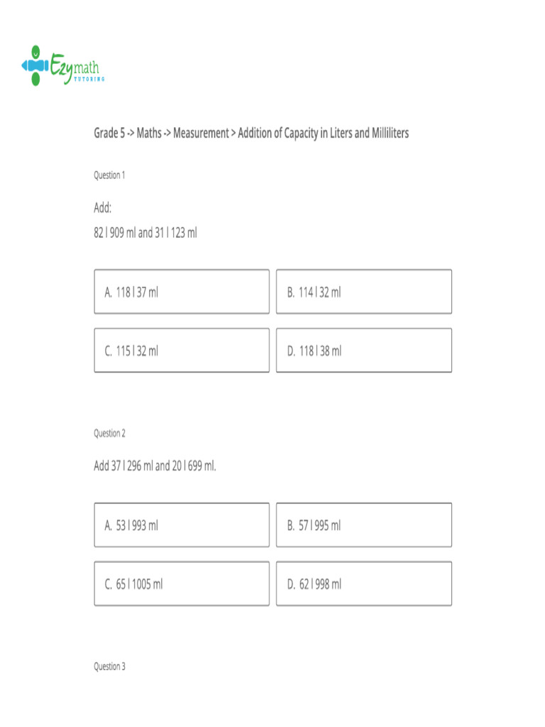 Year 5 - Maths Worksheet - Measurement - Addition of Capacity in Liters ...