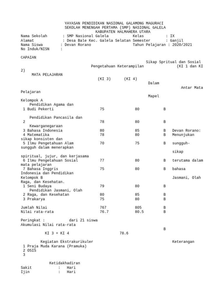 Contoh Raport SMP K 13 | PDF