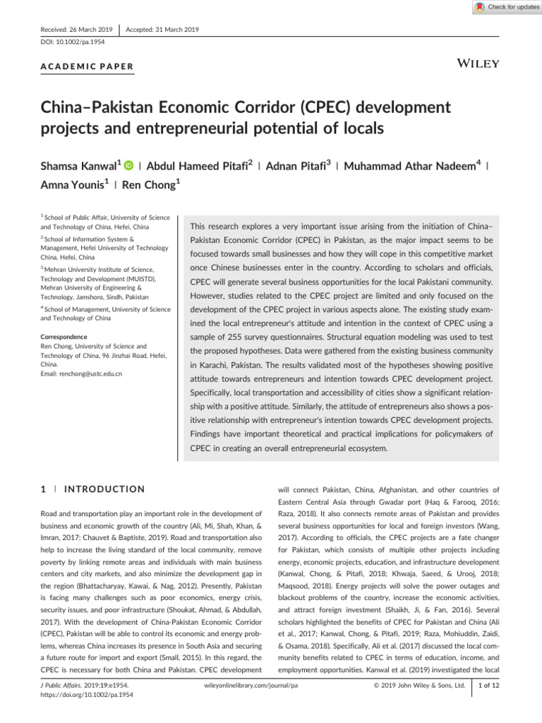 Journal of Public Affairs - 2019 - Kanwal - China Pakistan Economic ...
