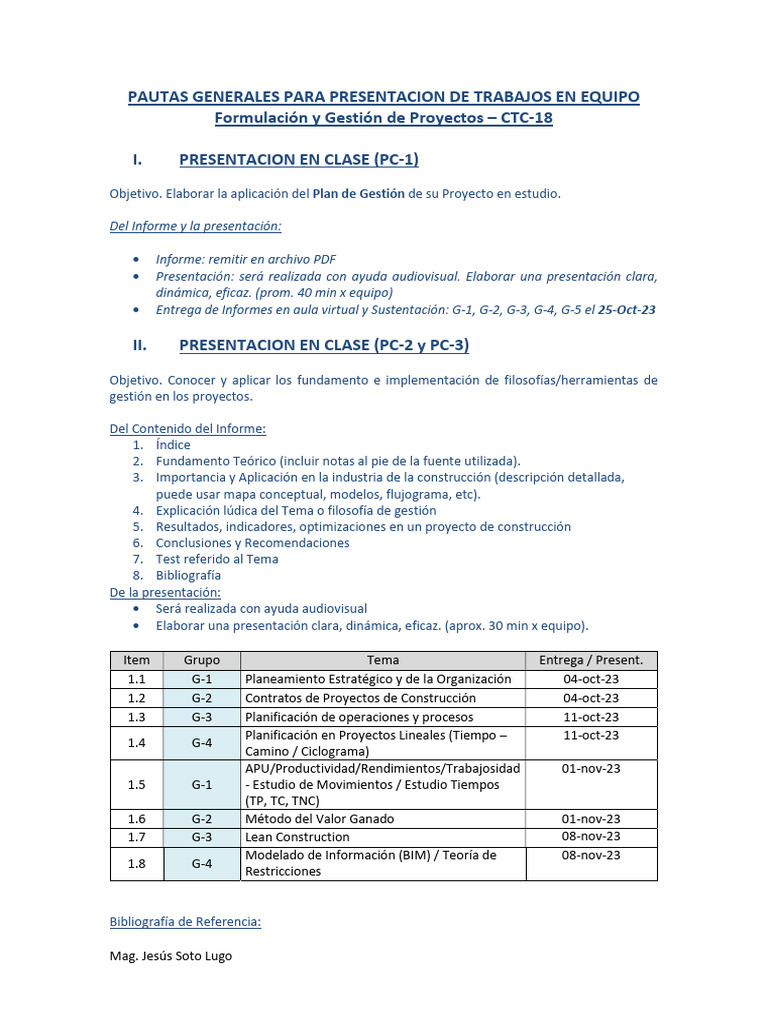 Pautas Presentacion en Clase PC-1 y PC-2 (2023) CTC-18 | PDF