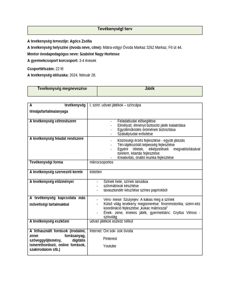 Udvari Játék Tevékenységi Terv | PDF