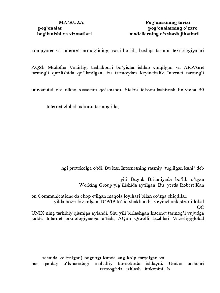 7-Ma'Ruza. TCP - Ip Protokollari Steki. Pog'Onasining Tarixi, Pog' | PDF