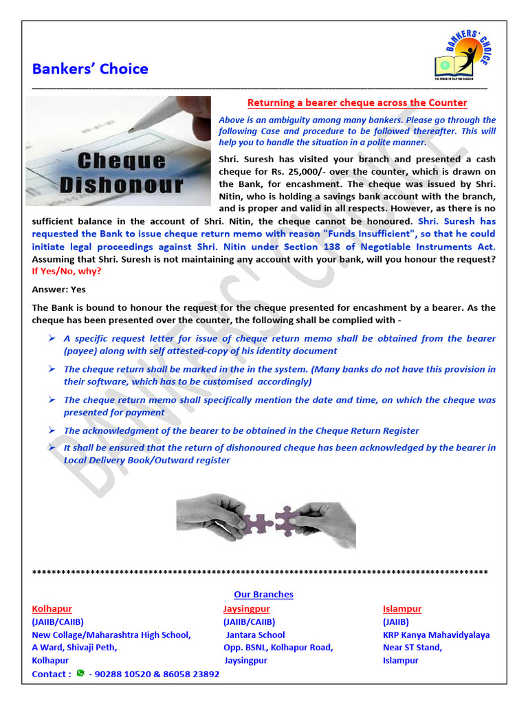Returning a bearer cheque across the Counter | PDF | Cheque | Banks
