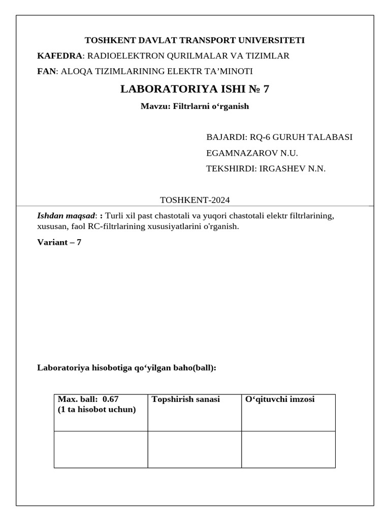Navzodbek elektr ta'minoti lab 7 | PDF