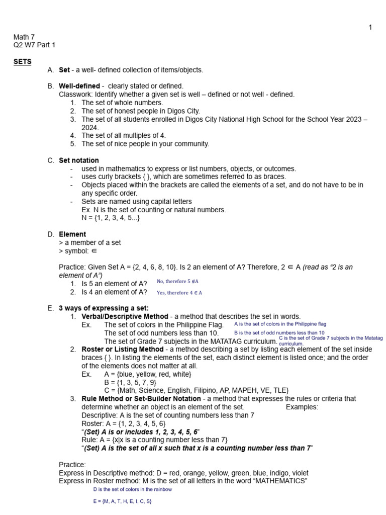 Math7 q2 Sets | PDF | Set (Mathematics) | Numbers