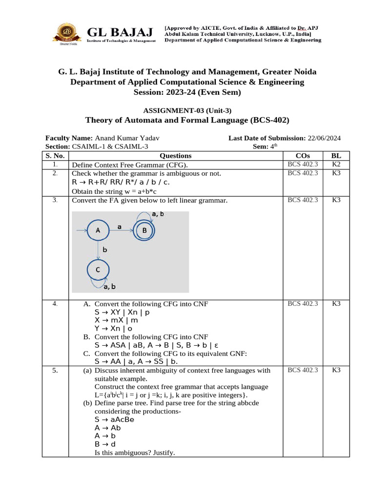 TAFL UNIT 3 Assignment | PDF | Grammar | Syntax (Logic)