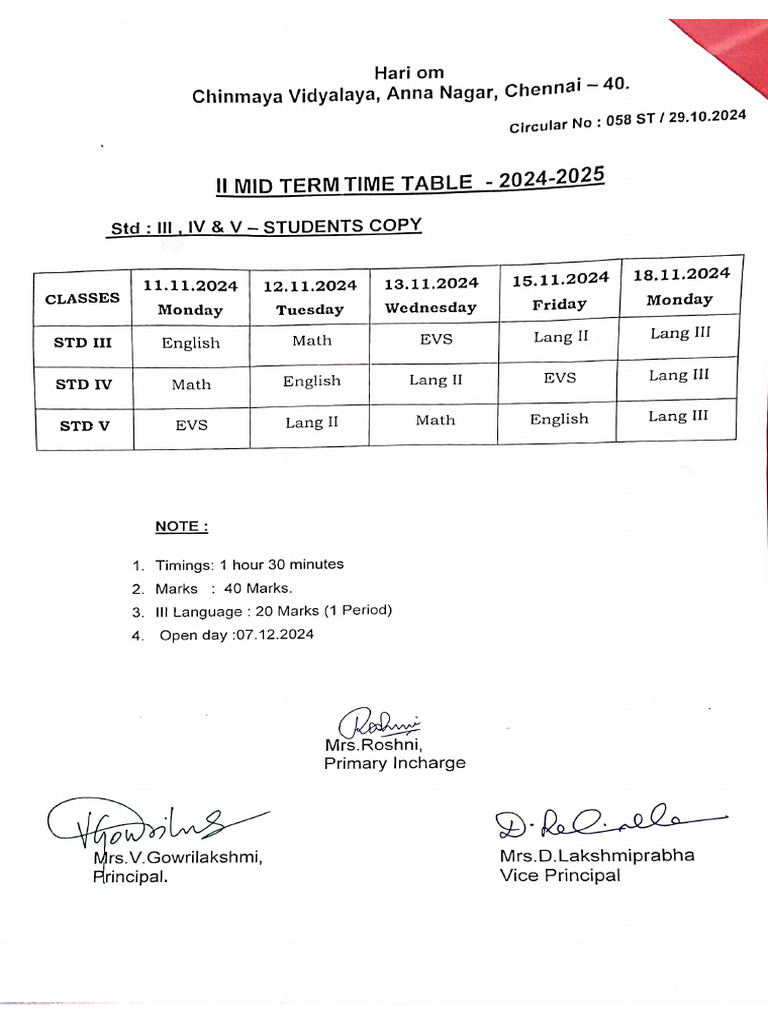 058ST - STD Iii, Iv&v-Ii Mid Term Time Table-Students | PDF