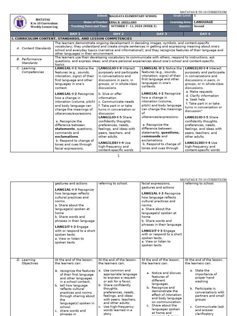 DLL Matatag - Language 1 - Q2 - W2 | PDF | Curriculum | Communication