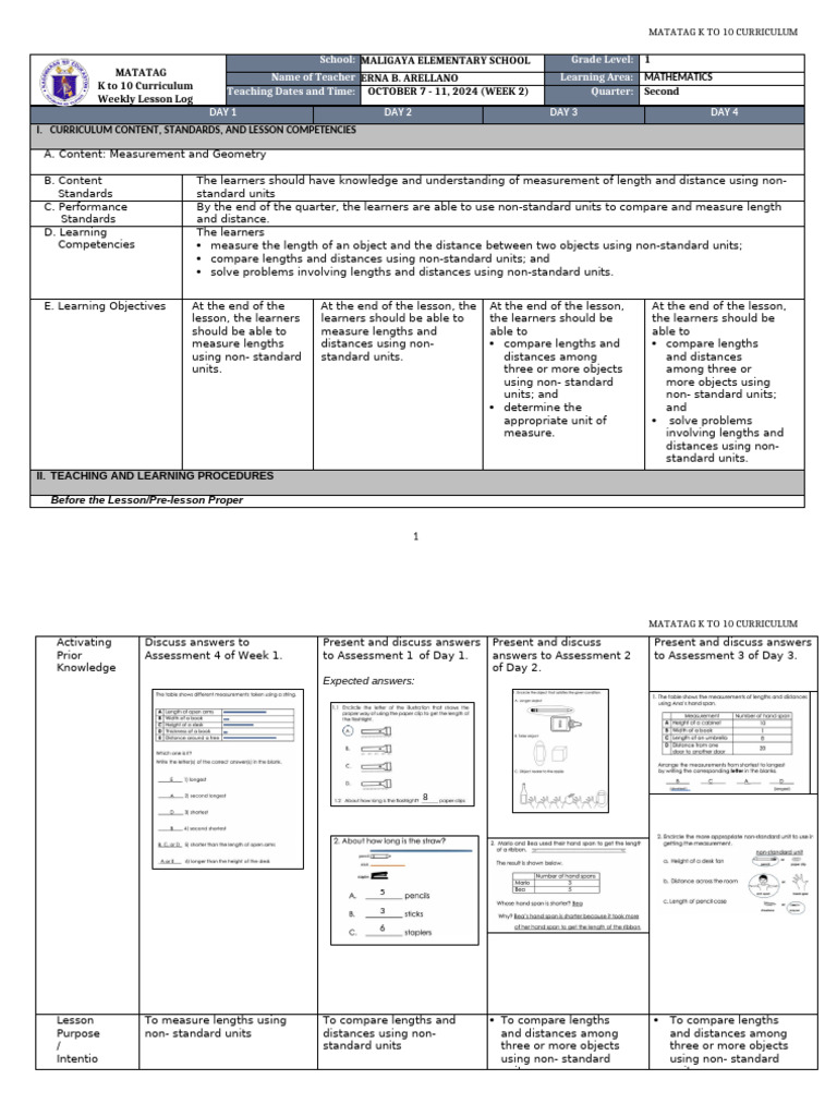 DLL Matatag - Mathematics 1 - Q2 - W2 | PDF | Length | Curriculum