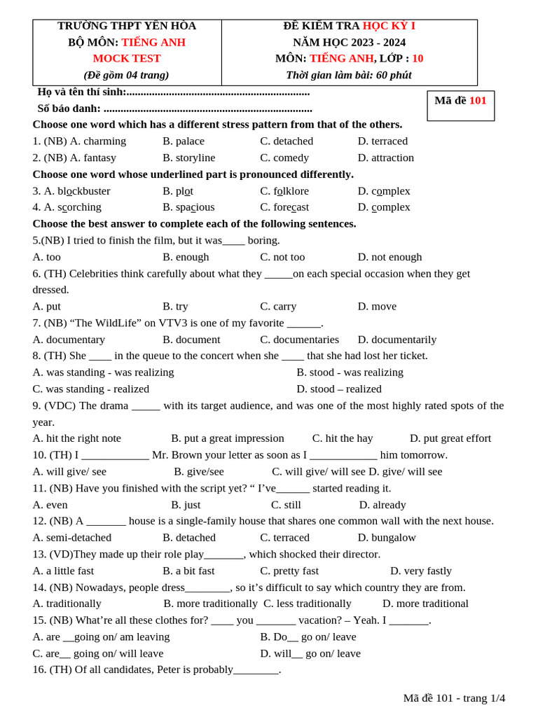 Anh 10-23.24 - EFT Mock Test | PDF | Musical Compositions | Conducting