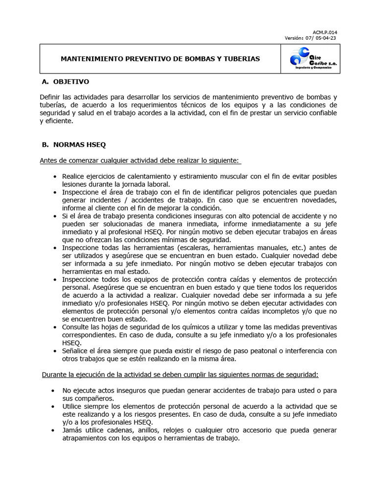 ACM.P.014 - 07 Mantenimiento Preventivo de Bombas y Tuberias | PDF | Relé