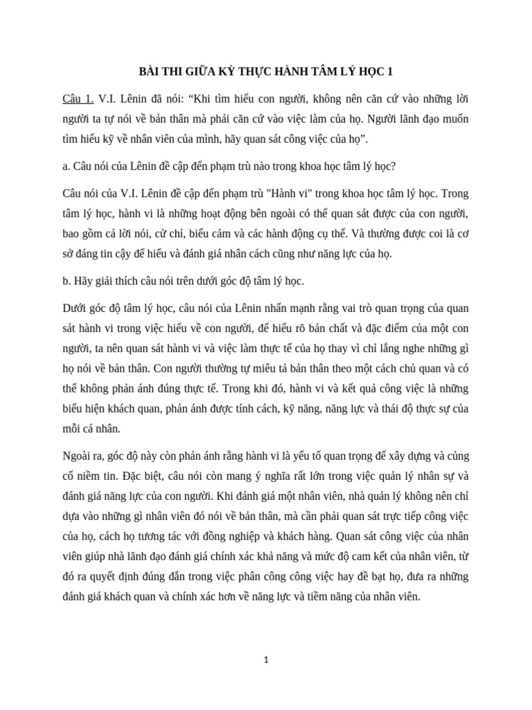 Nhóm 3 - Bài Thi Giữa Kỳ Thực Hành TLH 1 | PDF