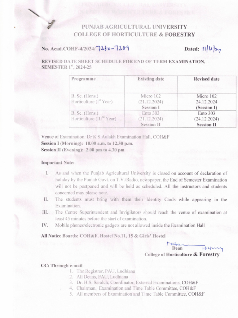 Revised Date Sheet for Semsester I, 2024-25 | PDF