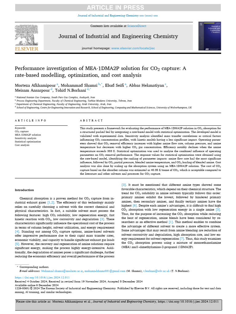 Performance investigation of MEA-1DMA2P solution for CO2 capture - A rate-based modellinf ...