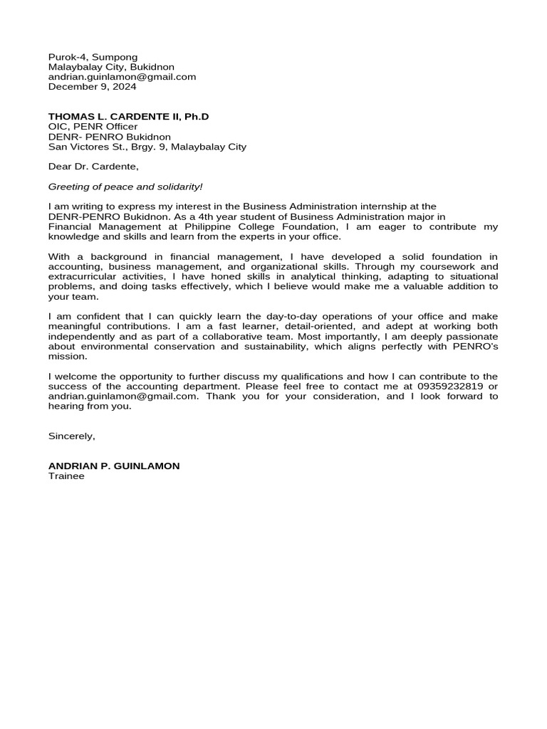 Internship Application for DENR-PENRO | PDF
