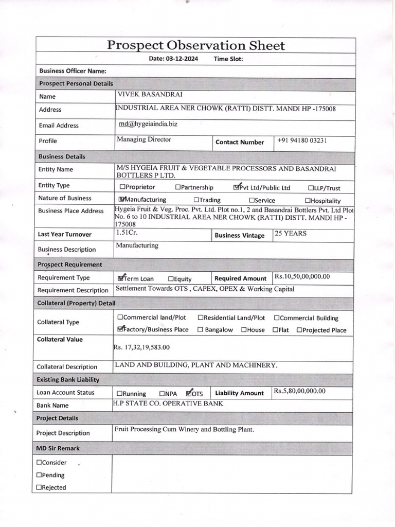 Prospect Observation Sheet | PDF