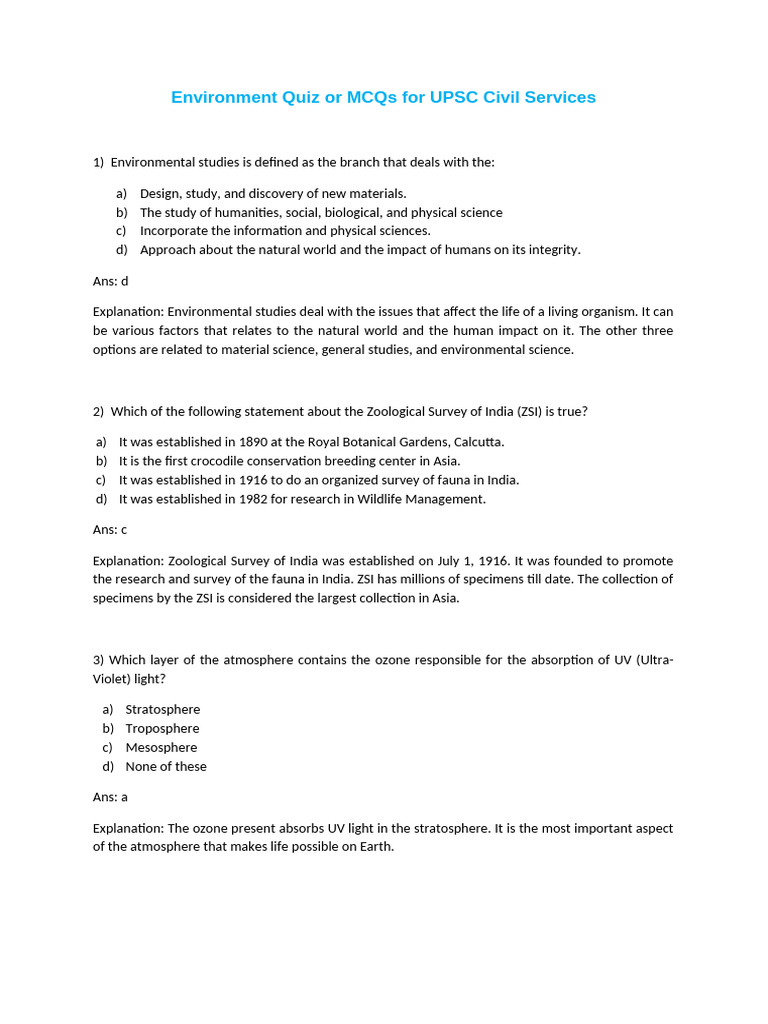 Environment Quiz or MCQs For UPSC Civil Services | PDF | Ecosystem ...