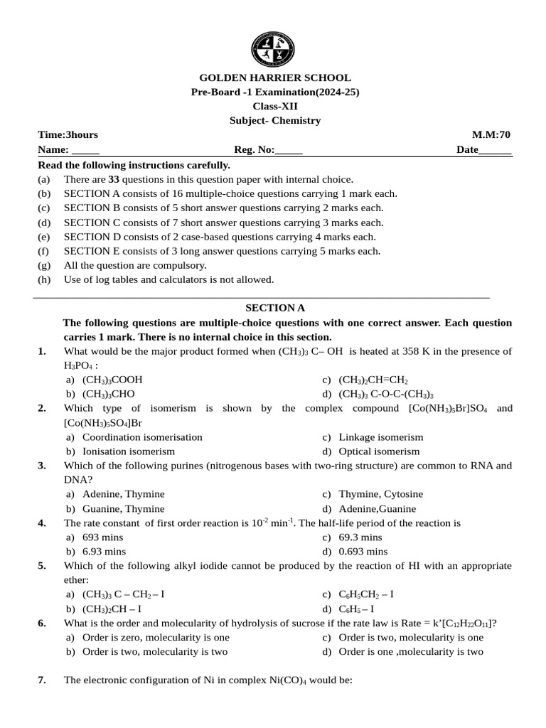 Edited Parer 12th Class Pre Board | PDF | Chemical Reactions | Nucleic Acids