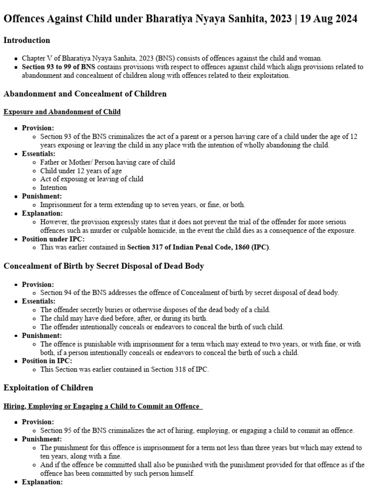 Offences Against Children in BNS 2023 | PDF | Crimes | Crime & Violence
