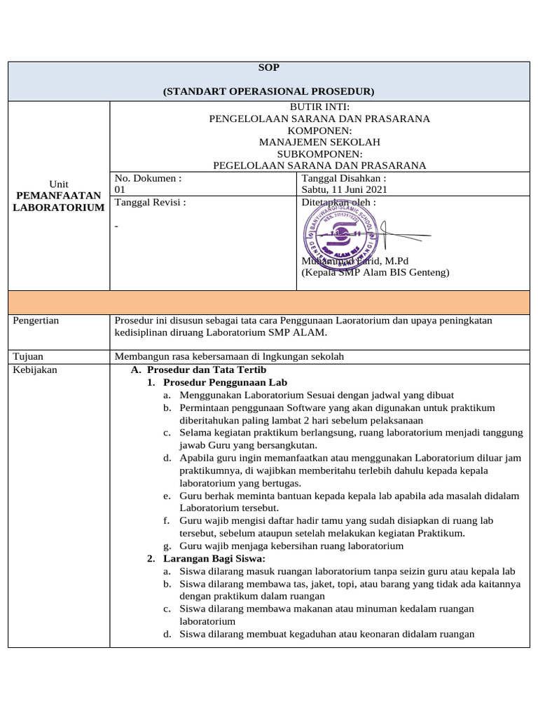 Sop Laboratorium | PDF