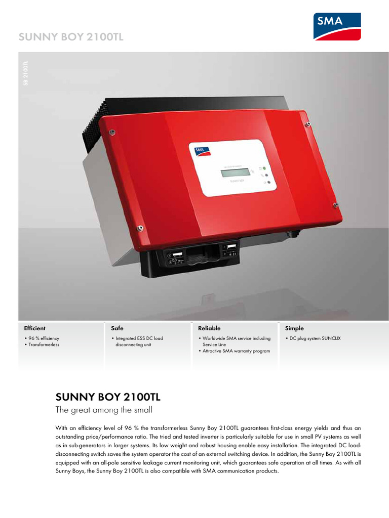 Sunny Boy Sma Solar Inverter 2100tl Spec Sheet | PDF | Alternating ...