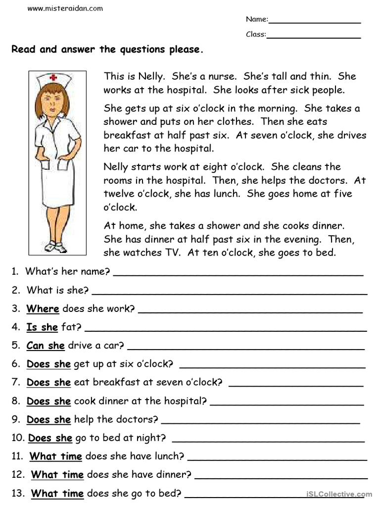 Nelly The Nurse - Reading Comprehension | PDF