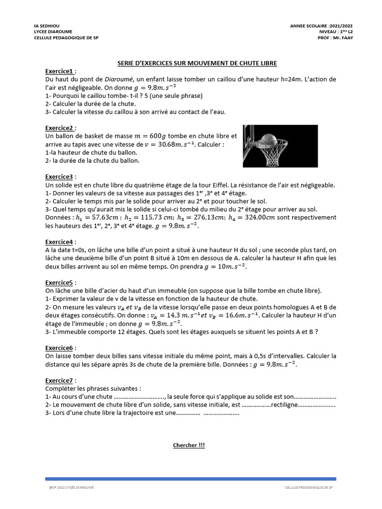 Calcul de la vitesse en chute libre | PDF | Mécanique | Mouvement ...