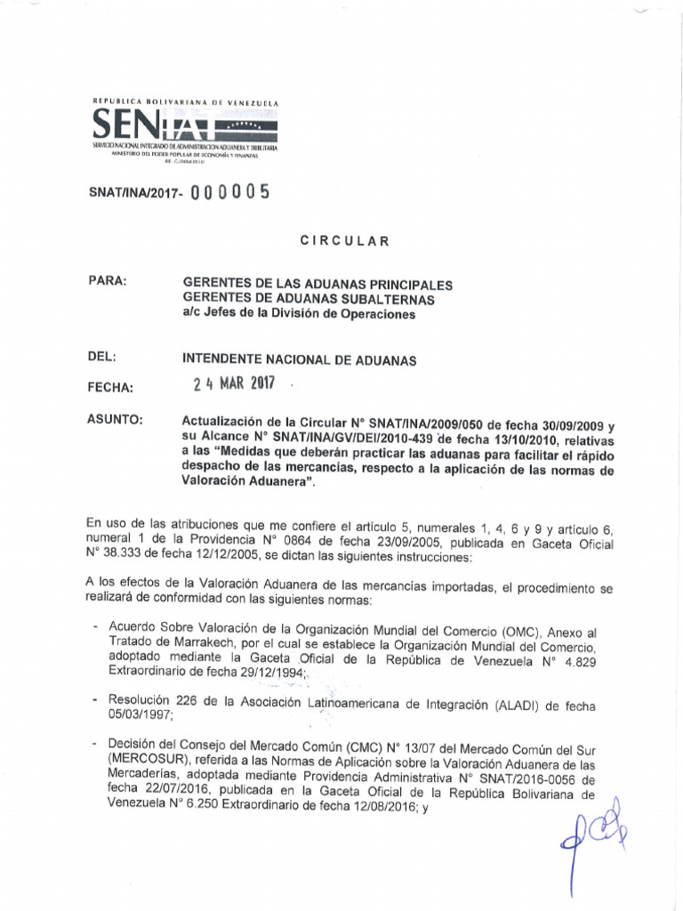 Circular N 05 Del 24032017 Normas de Valoracion Aduanera | PDF