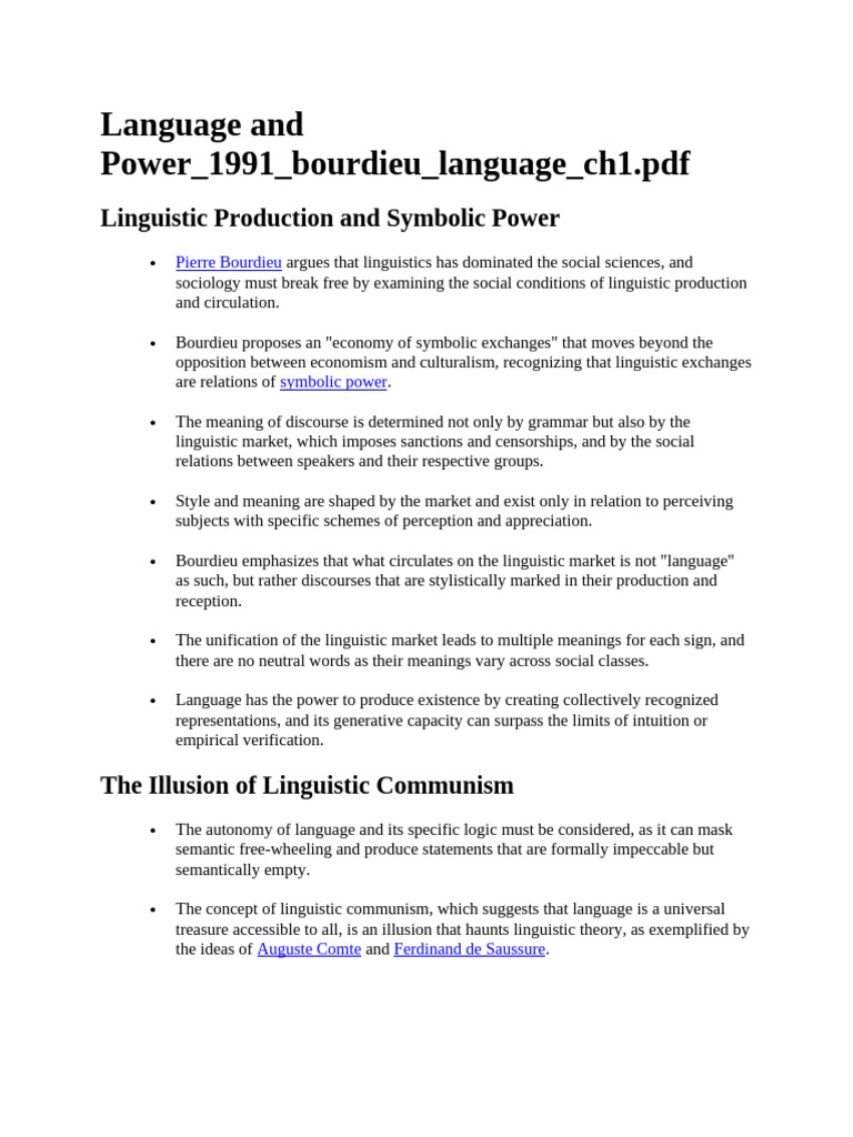 Language & Power Bordieu | PDF | Linguistics | Market (Economics)