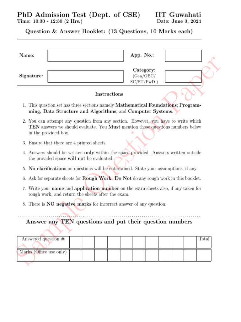 IIT Guwahati PhD CSE Sample Paper | PDF | Cpu Cache | Computer Architecture