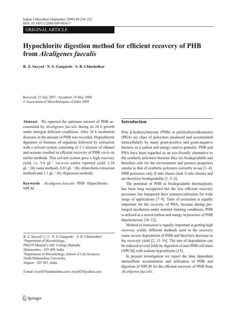 Hypochlorite digestion method for effi cient recovery of PHB from ...