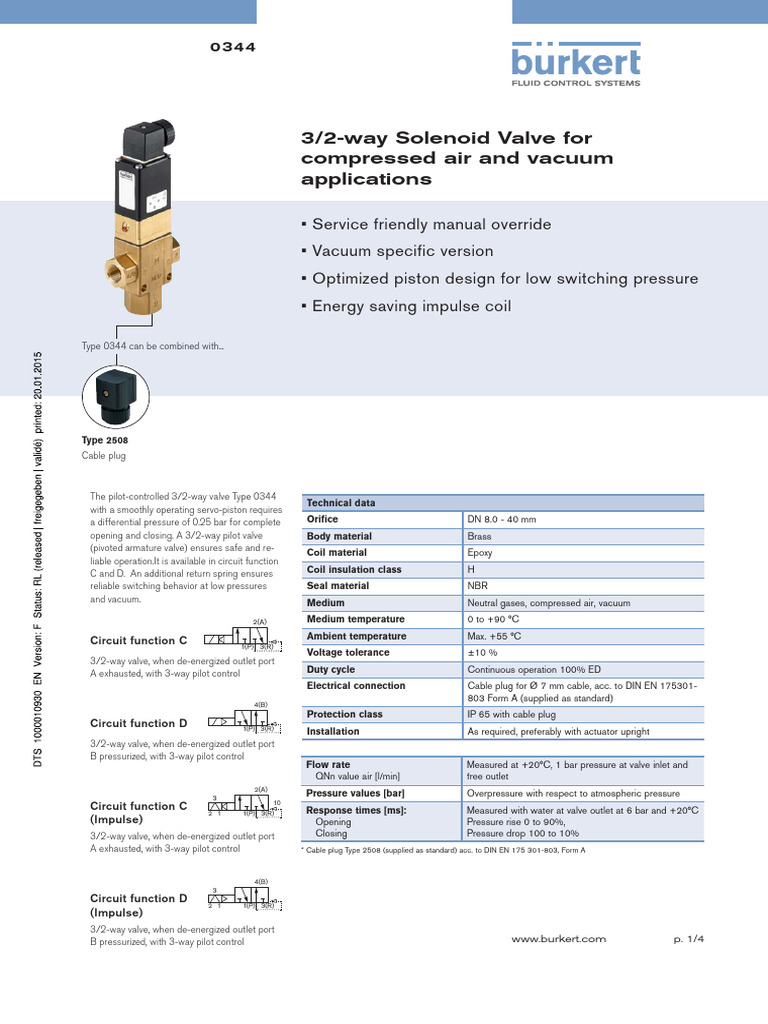 Burkert Type 0344 Brass Solenoid Valve | PDF | Valve | Inductor