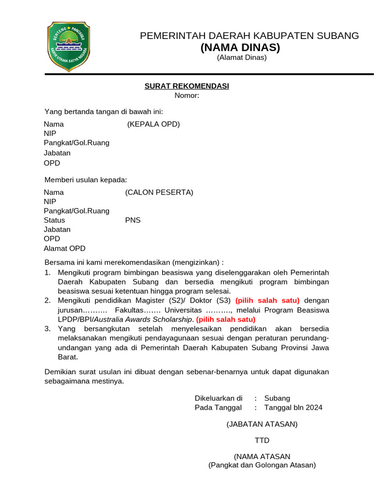 Format Surat Rekomendasi Atasan Opd | PDF