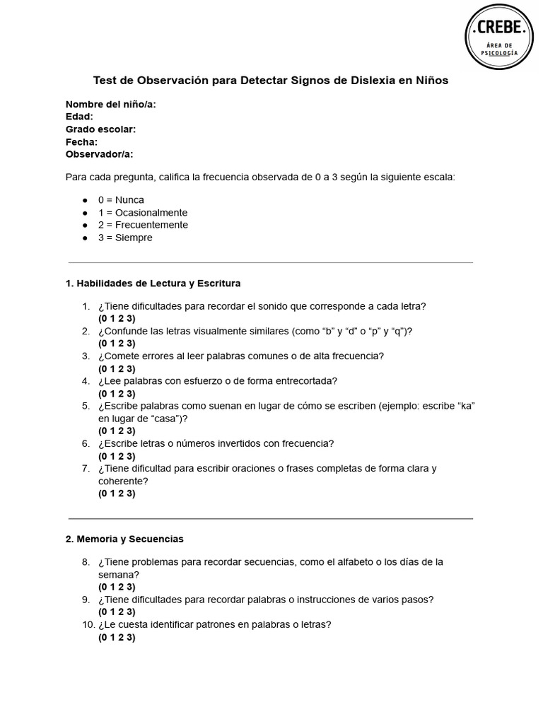 Test de Observación para Detectar Signos de Dislexia en Niños | PDF ...
