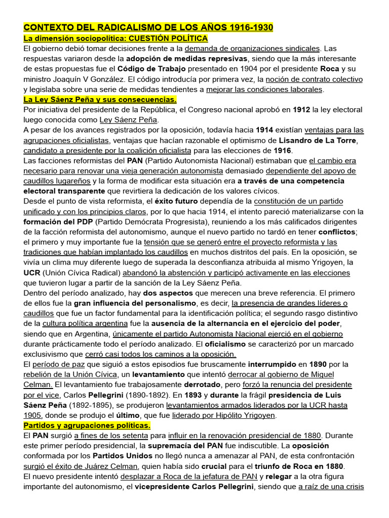 CONTEXTO DEL RADICALISMO DE LOS AÑOS 1916-1930 | PDF | Argentina