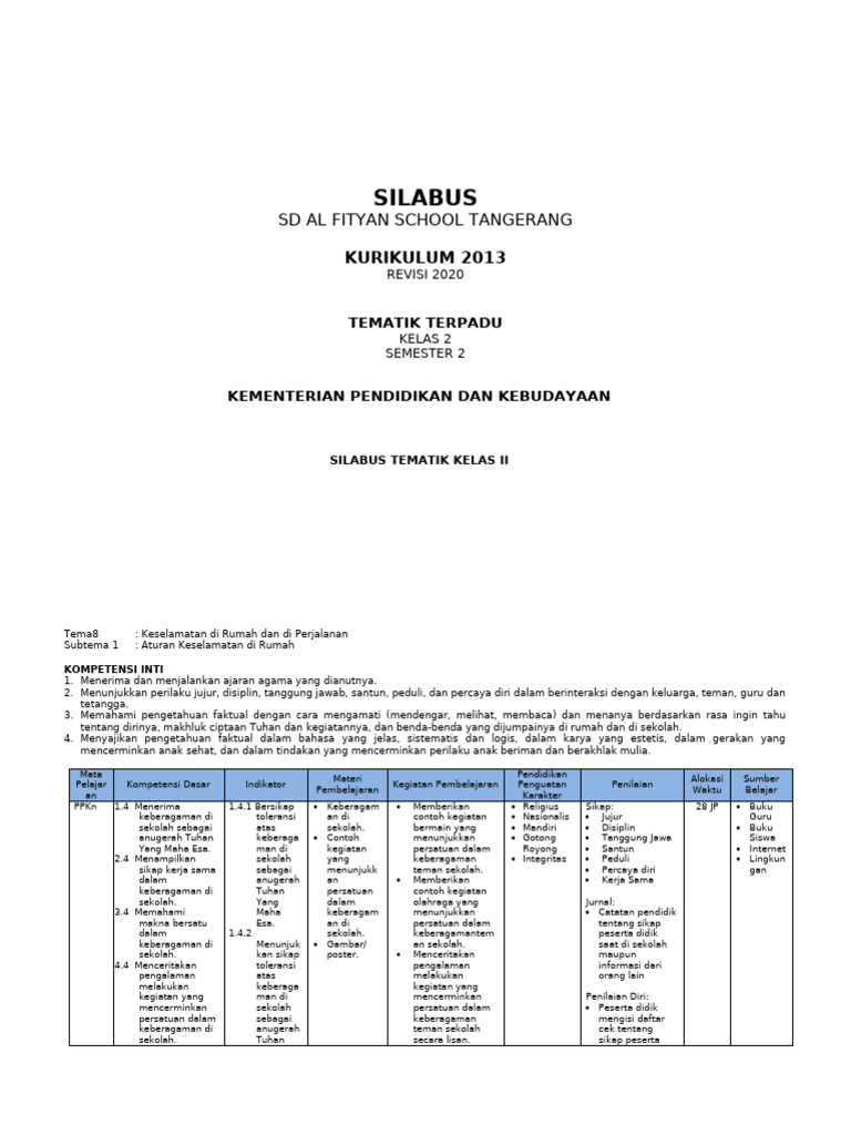 Silabus Kelas 2 Tema 8 - 9 Komponen | PDF