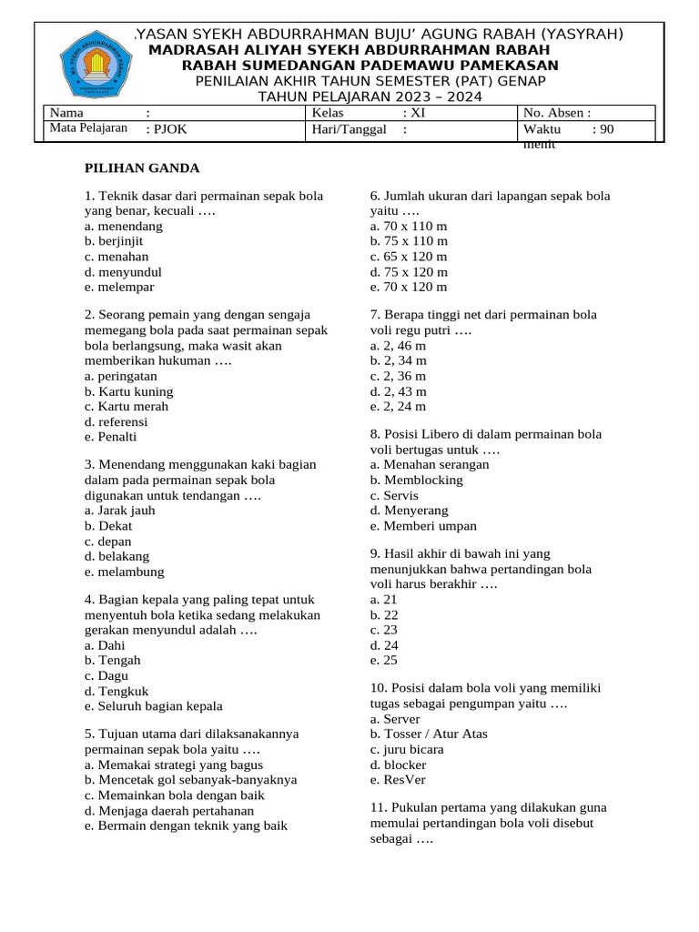 Soal Pat Pjok Xi | PDF
