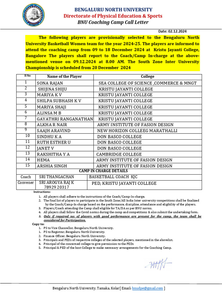 BNU Basketball Women Coaching Camp 2024-25 | PDF | Bangalore ...
