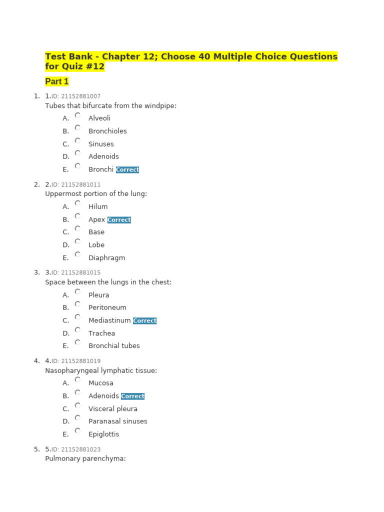 CH 12 Test Bank (Respiratory System, Part 1) | PDF | Lung | Respiratory ...