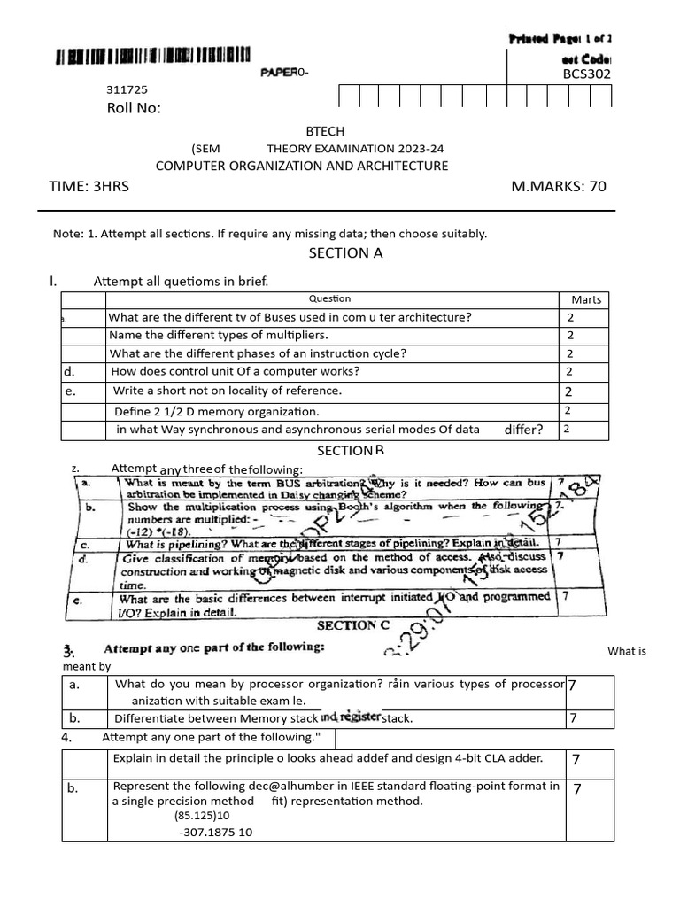 Btech Cs 3 Sem Computer Organization and Architecture bcs302 2024 | PDF | Cpu Cache | Office ...