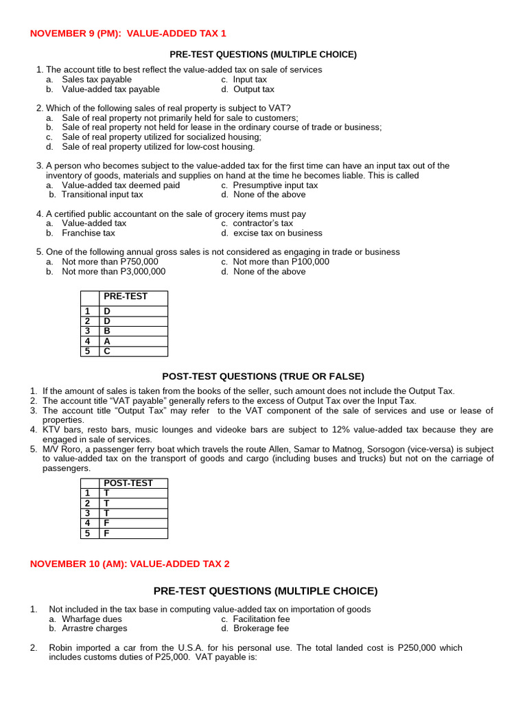 VAT Test Preparation Guide | PDF | Value Added Tax | Estate Tax In The ...