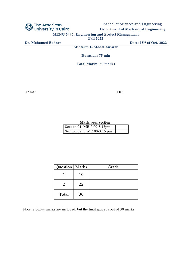 Midterm 1 Fall 2022 Model Answer | PDF