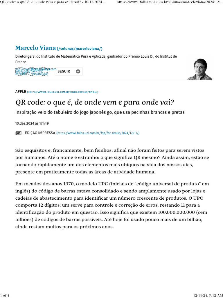 QR code_ o que é, de onde vem e para onde vai_ - 10_12_2024 - Marcelo Viana - Folha | PDF ...