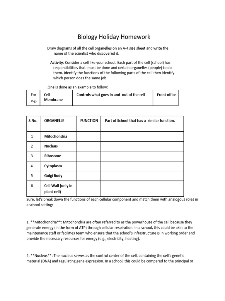 Cell Organelles & School Analogies | PDF | Cell (Biology) | Mitochondrion