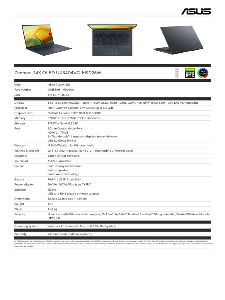 Asus Zenbook 14x Oled UX3404 Model | PDF | Usb | Laptop
