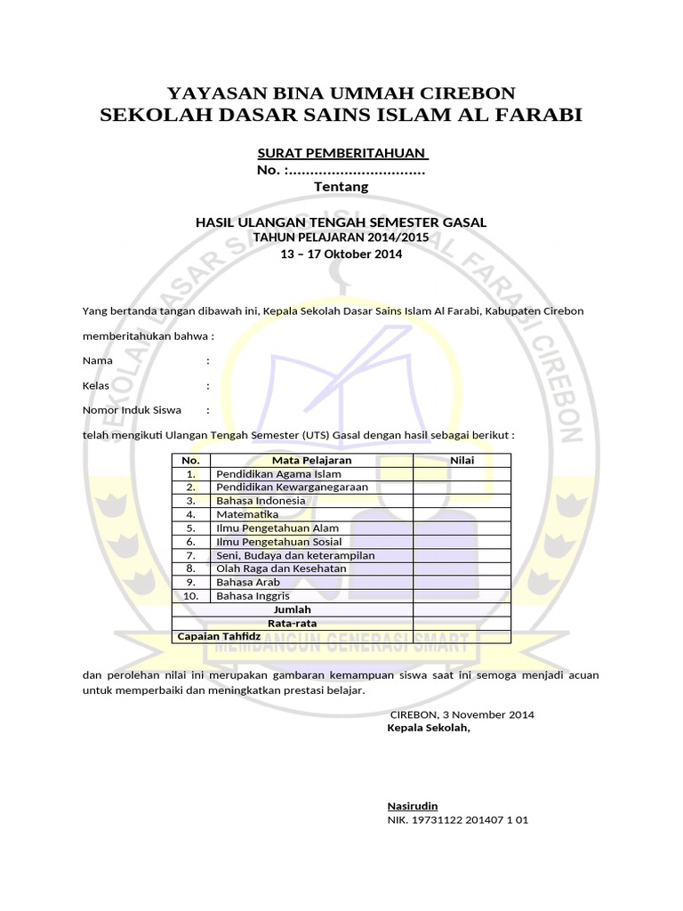 Blanko Rapor UTS Kelas 6 | PDF
