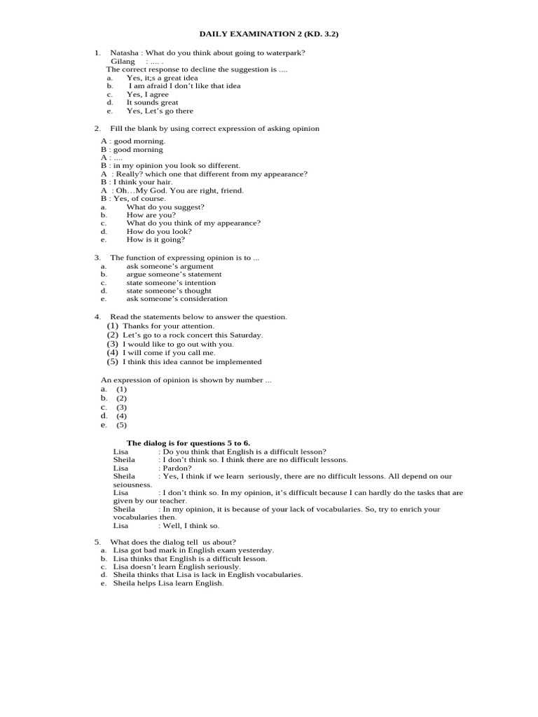 DAILY EXAMINATION 2 KELAS XI BIG (KD 3.2) | PDF