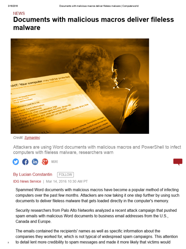 Documents With Malicious Macros Deliver Fileless Malware ...