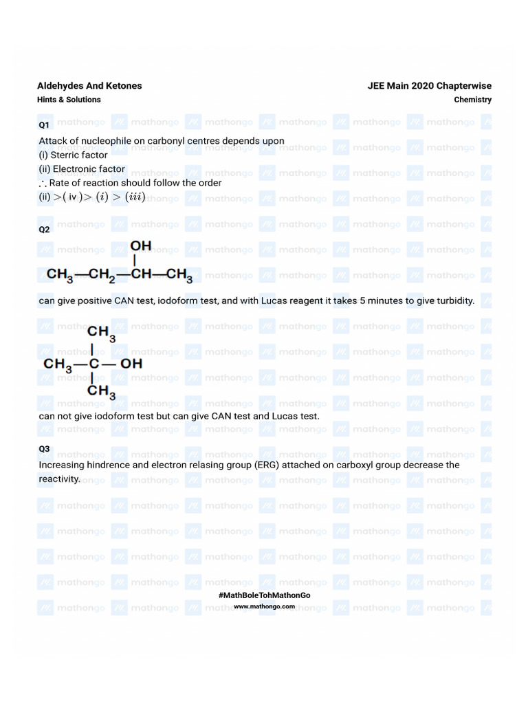 Aldehydes and Ketones Solutions Jee Main 2020 Chapterwise Question Bank Mathongo | PDF