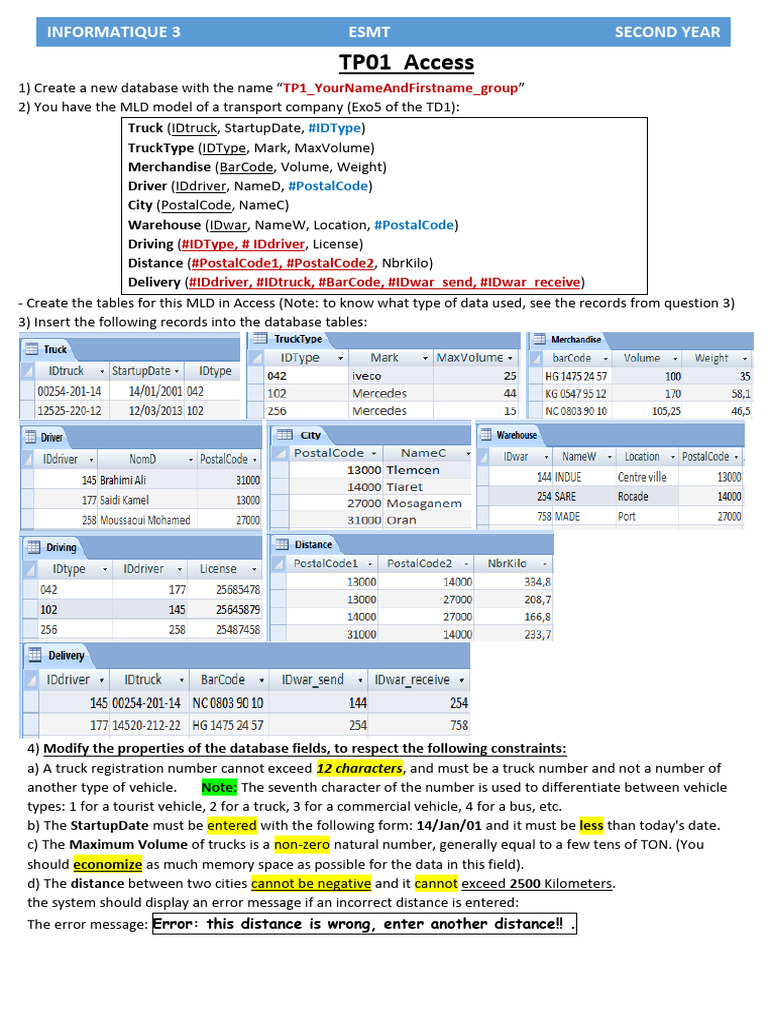 TP01 - Access (Creation of Tables) | PDF